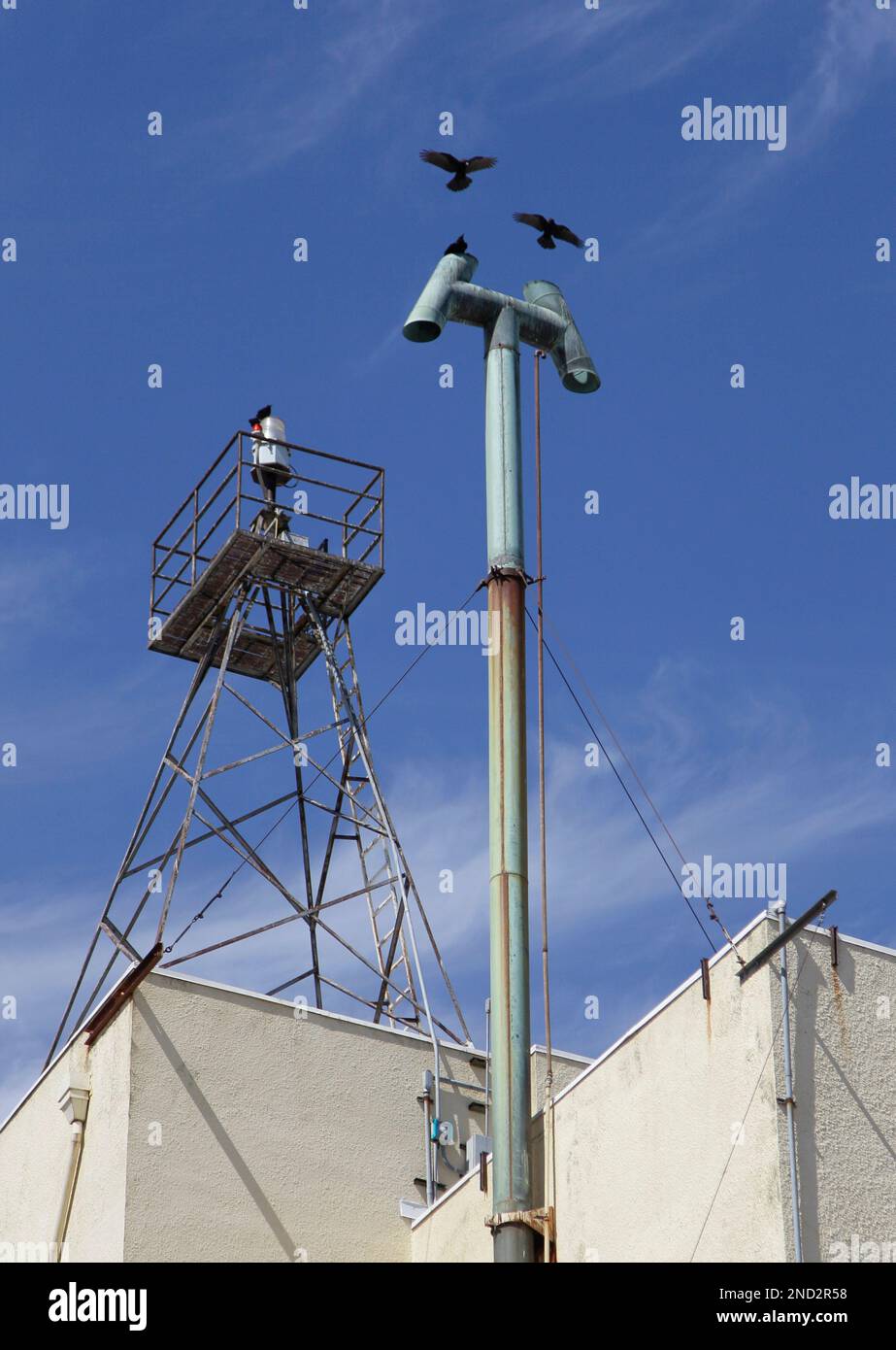 Birds fly above the ventilation pipe to the old gas chamber at San ...