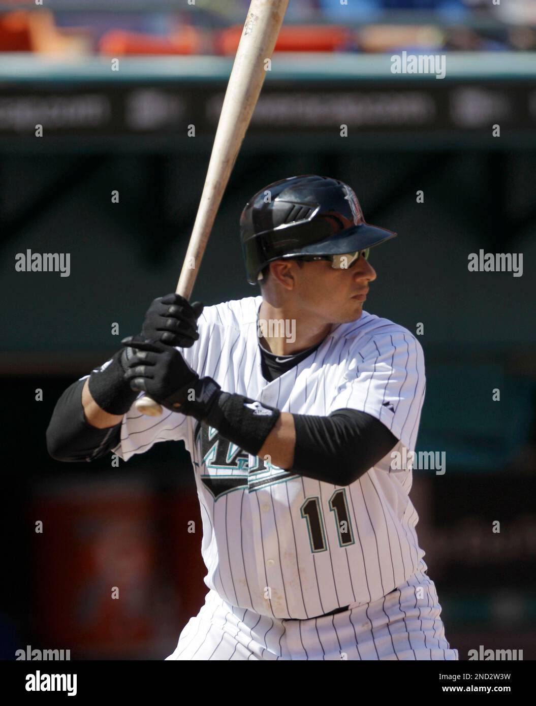 Florida Marlins' Mike Rivera is shown during an at bat in the baseball ...
