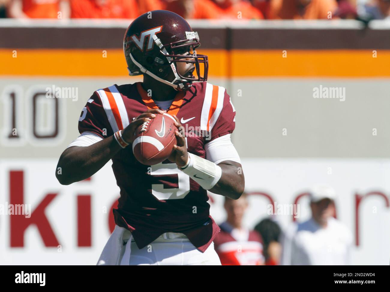 Virginia Tech quarterback Tyrod Taylor (5) looks downfield during the ...