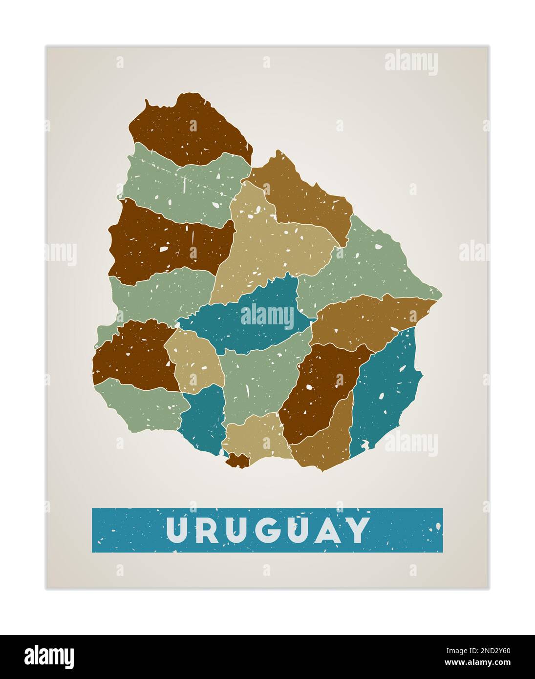 Uruguay map. Country poster with regions. Old grunge texture. Shape of ...