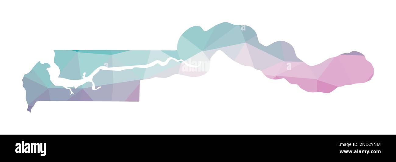 Polygonal map of Gambia. Geometric illustration of the country in emerald and amethyst colors ...