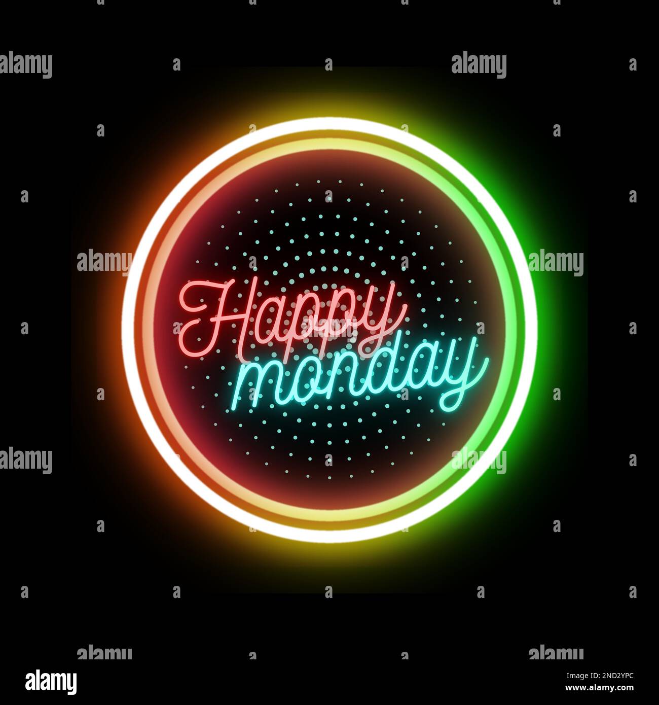 A Happy monday greetings text with neon glowing circle against a dark ...