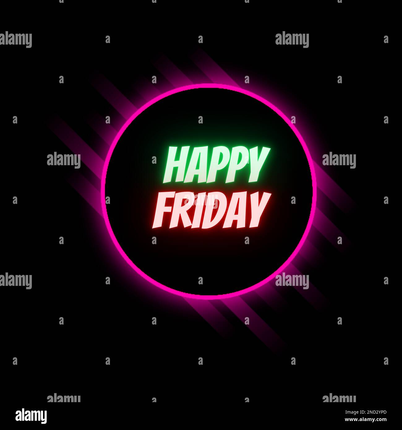 A Happy Friday greetings text with neon glowing circle against a dark ...