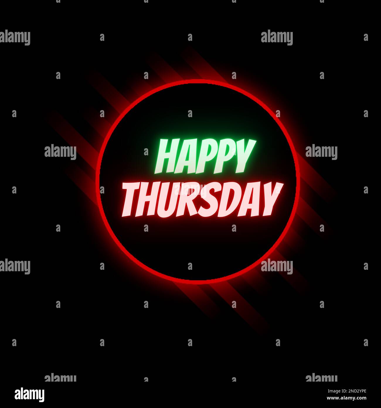 A Happy Thursday greetings text with neon glowing circle against a dark ...