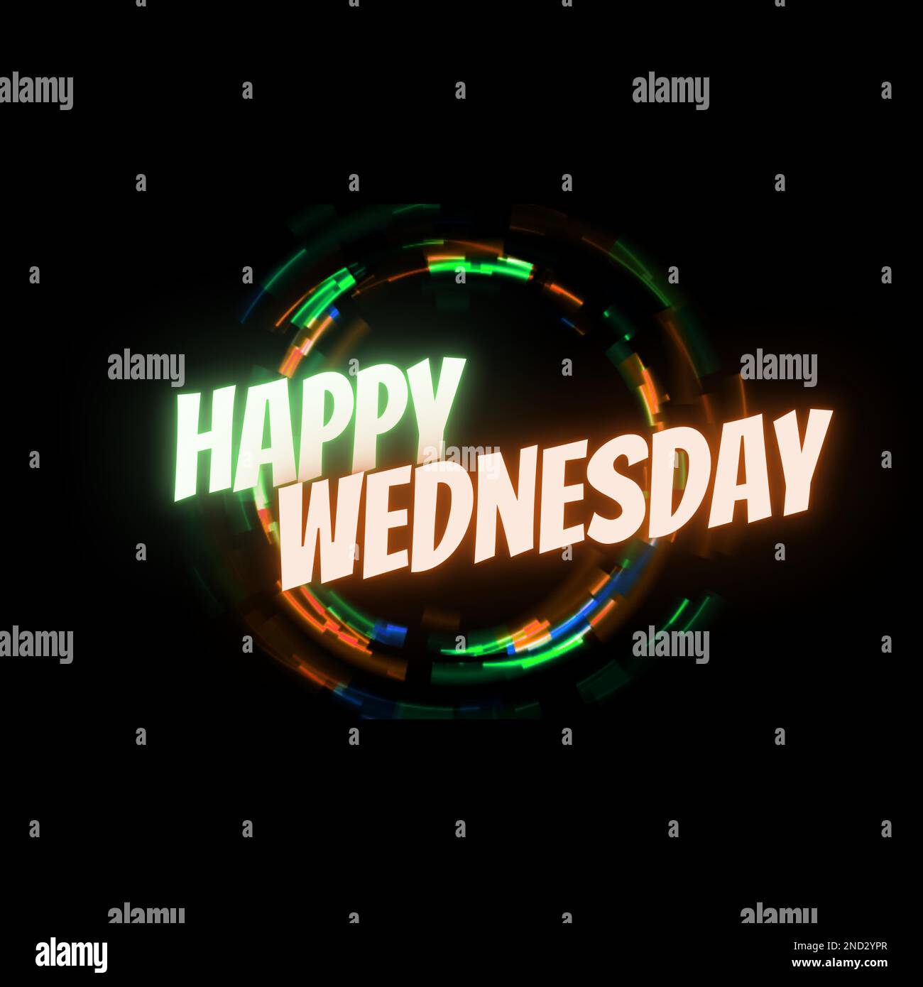 A Happy Wednesday greetings text with neon glowing circle against a ...