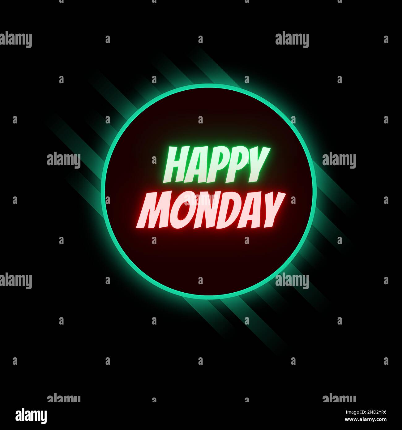 A Happy Monday greetings text with neon glowing circle against a dark ...