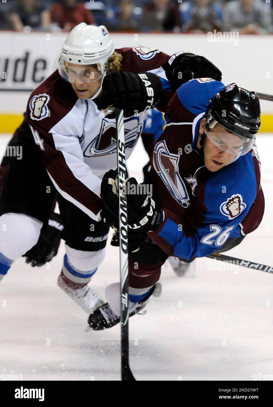 Colorado Avalanche center Paul Stastny (26) is knocked off his skates ...