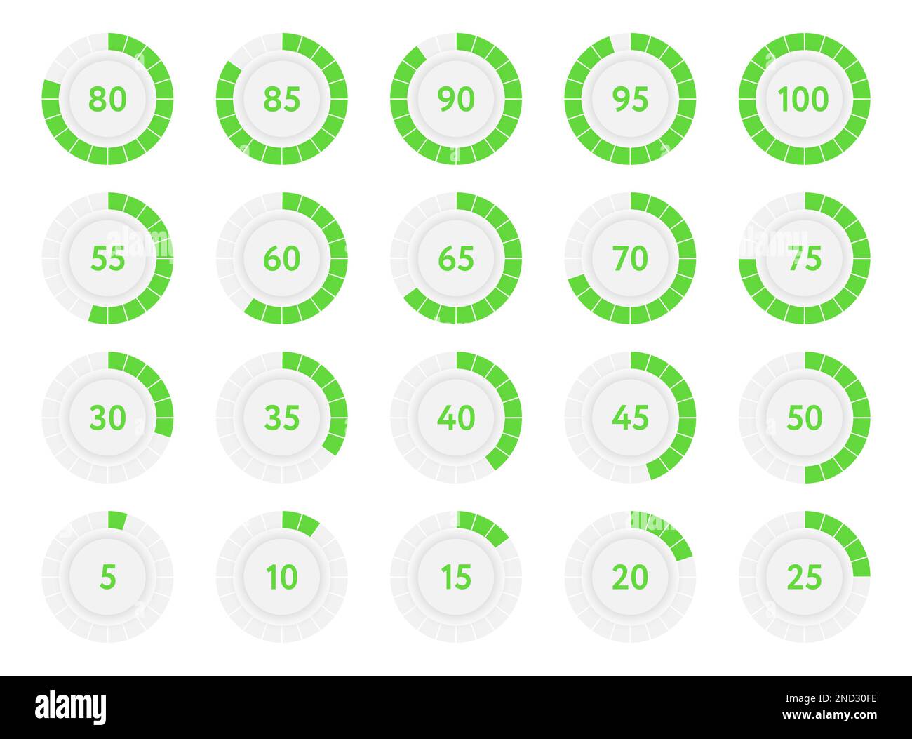 Percentage infographic progress diagrams circles. Green percent pie charts. Vector illustration ...