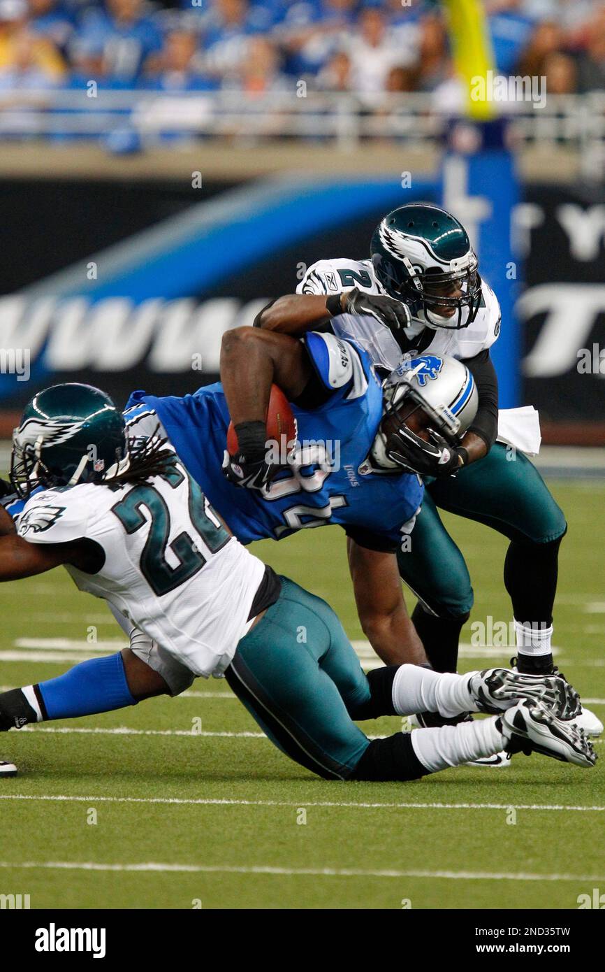 Detroit Lions tight end Quintin Mikell (84) is tackled by Philadelphia ...
