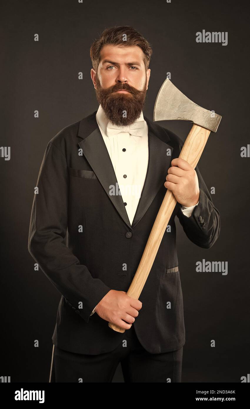 Everyone loves a fresh haircut. Bearded guy holding ax. Axe shaving. Barbering. Barbershop Stock ...