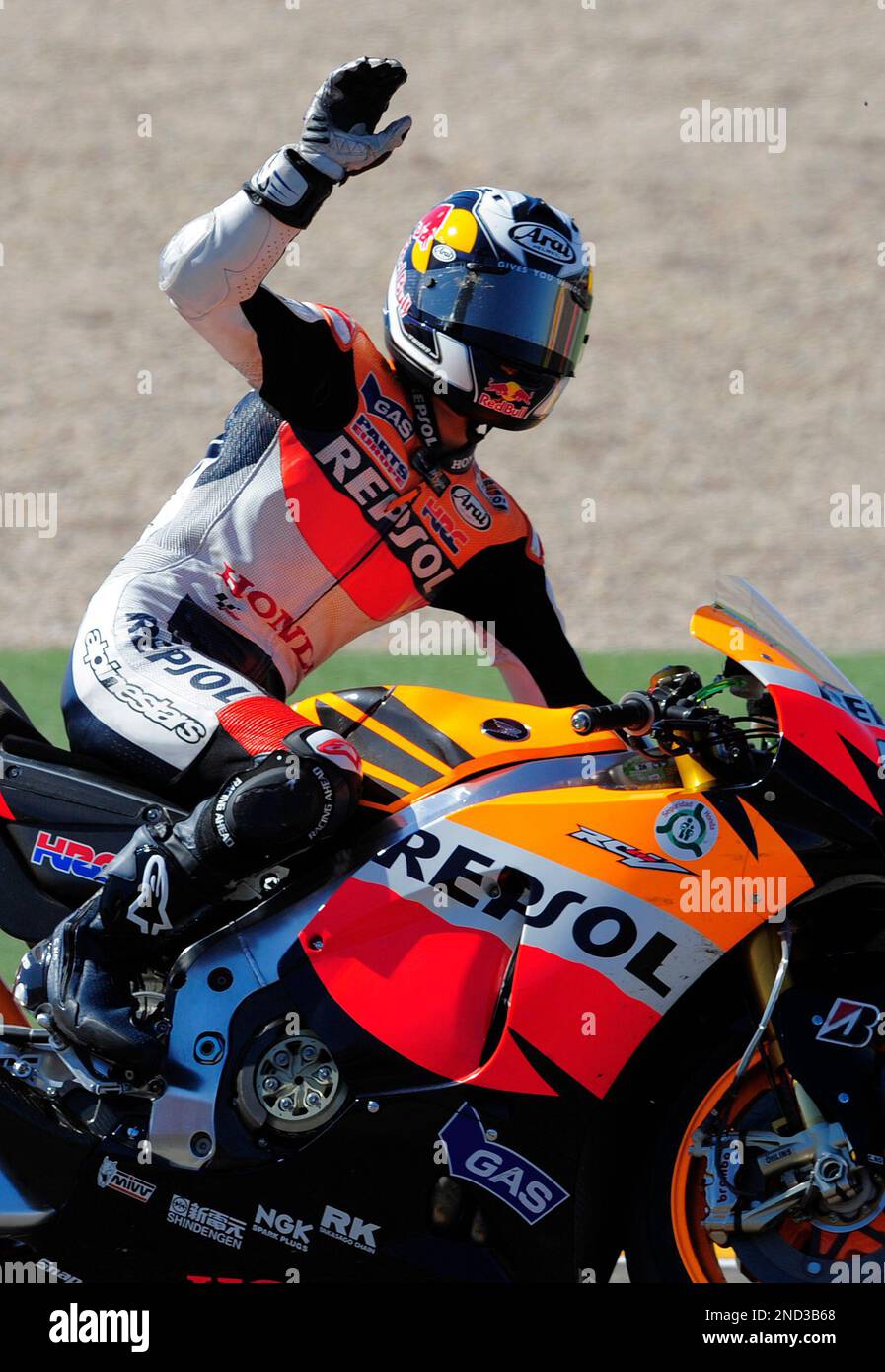 MotoGP Honda rider Dani Pedrosa of Spain waves to the crowd after win ...