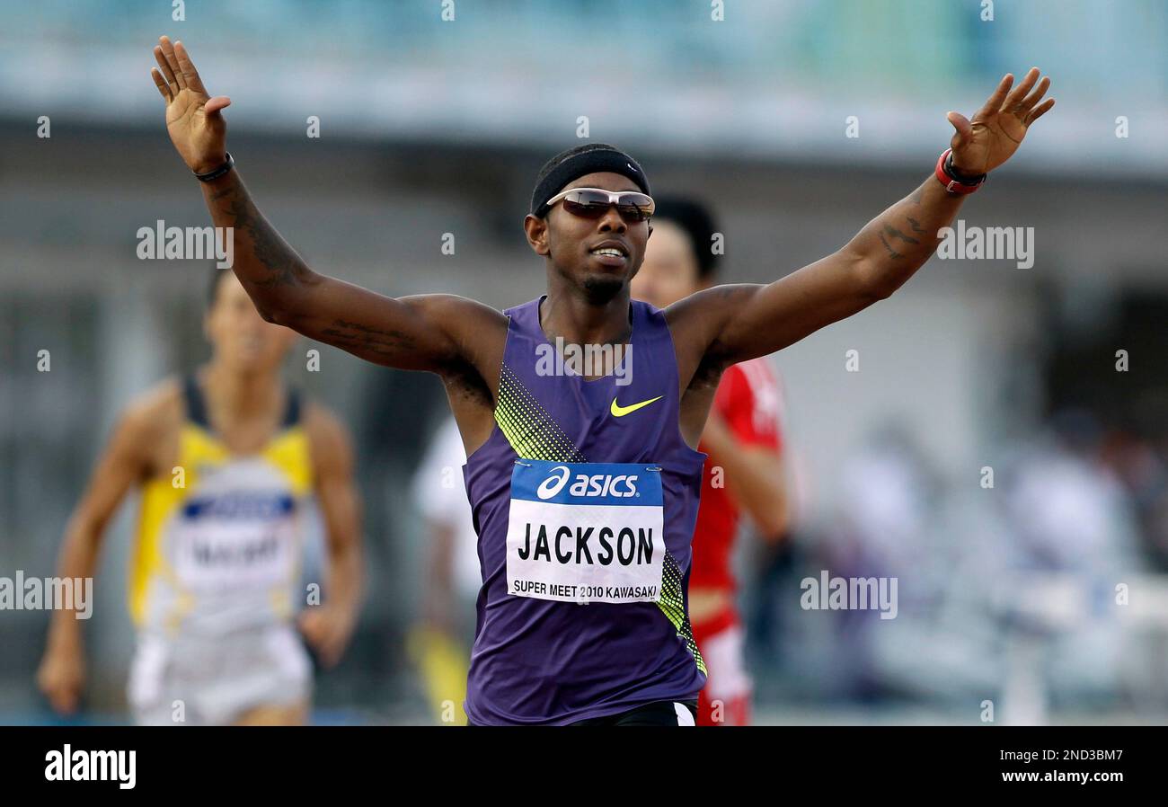 U.S. sprinter Bershawn Jackson crosses the finish in the men's 400m ...