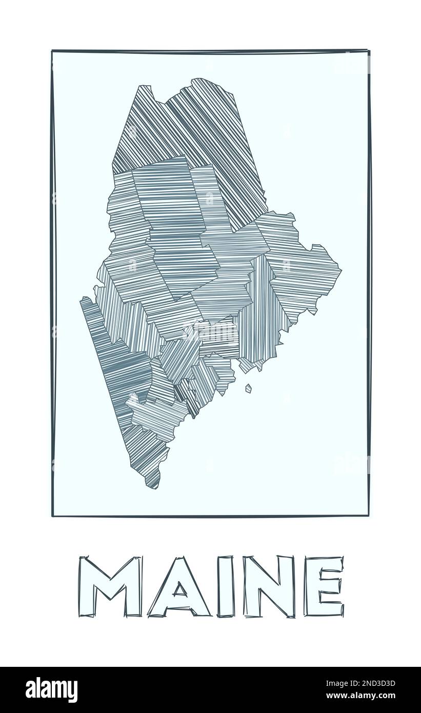 Sketch map of Maine. Grayscale hand-drawn map of the US state. Filled ...