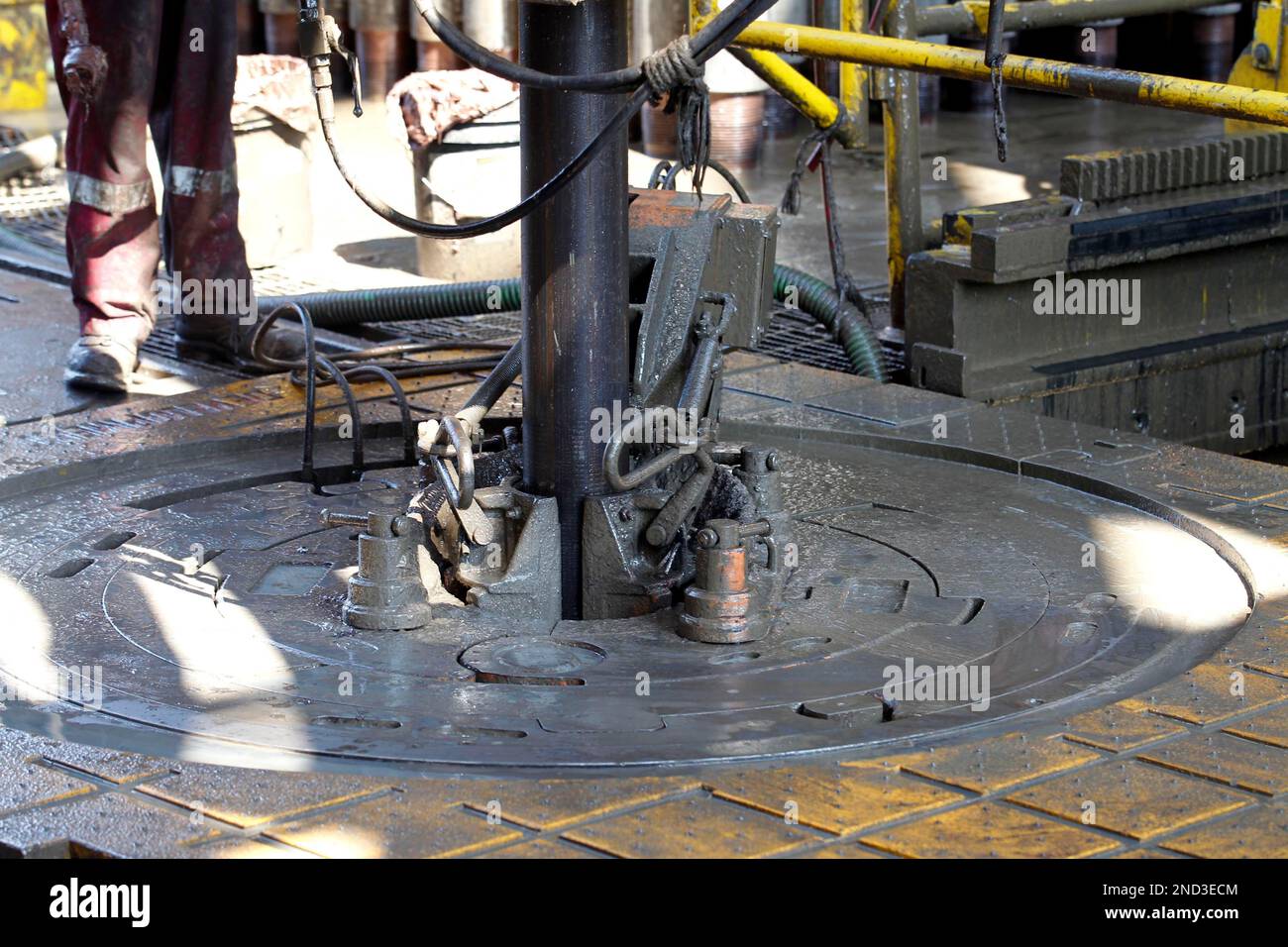 The drilling pipe which was used to pump the cement is seen being ...
