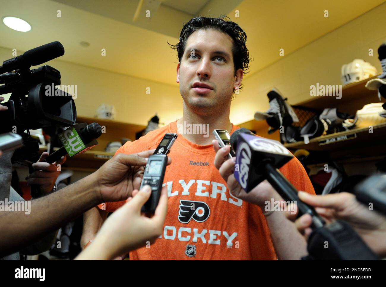 Philadelphia Flyers goalie Michael Leighton talks to reporters in the ...