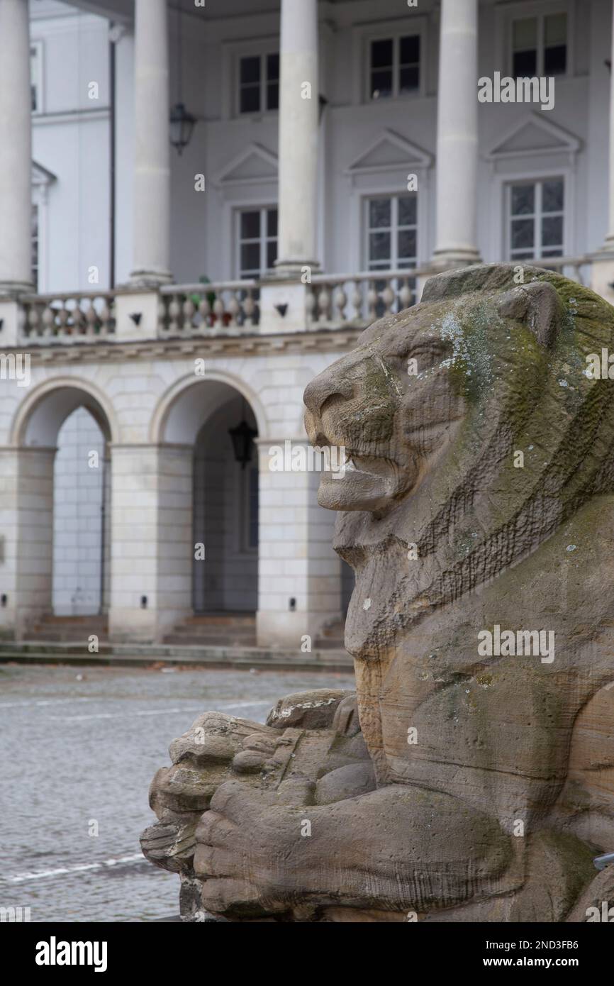 Lion statue outside the Lubomirski Palace, plac Żelaznej Bramy, built for the Radziwiłł family ...