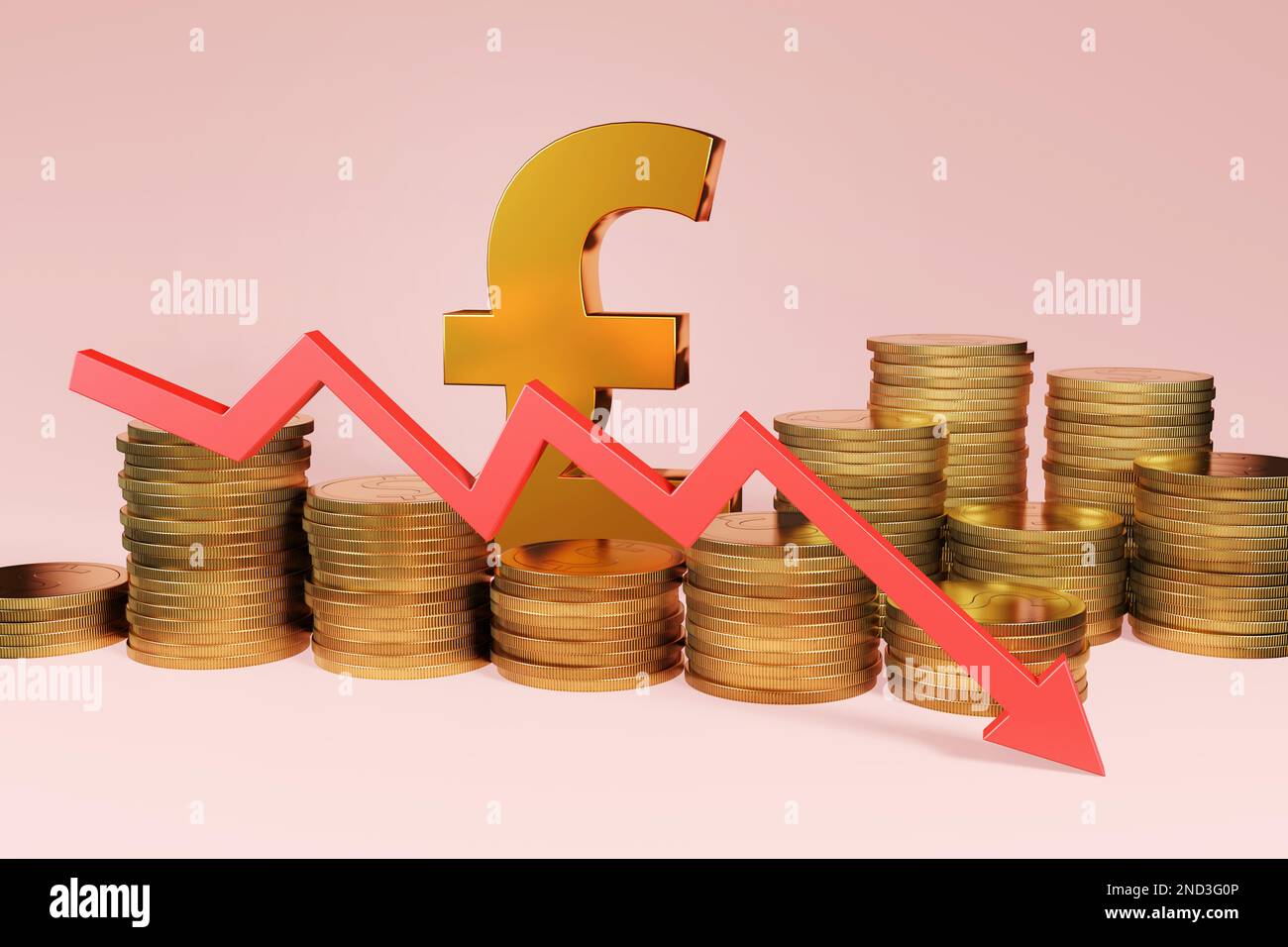 Stacks of gold coins, a pound sign and a downward red arrow on pink ...