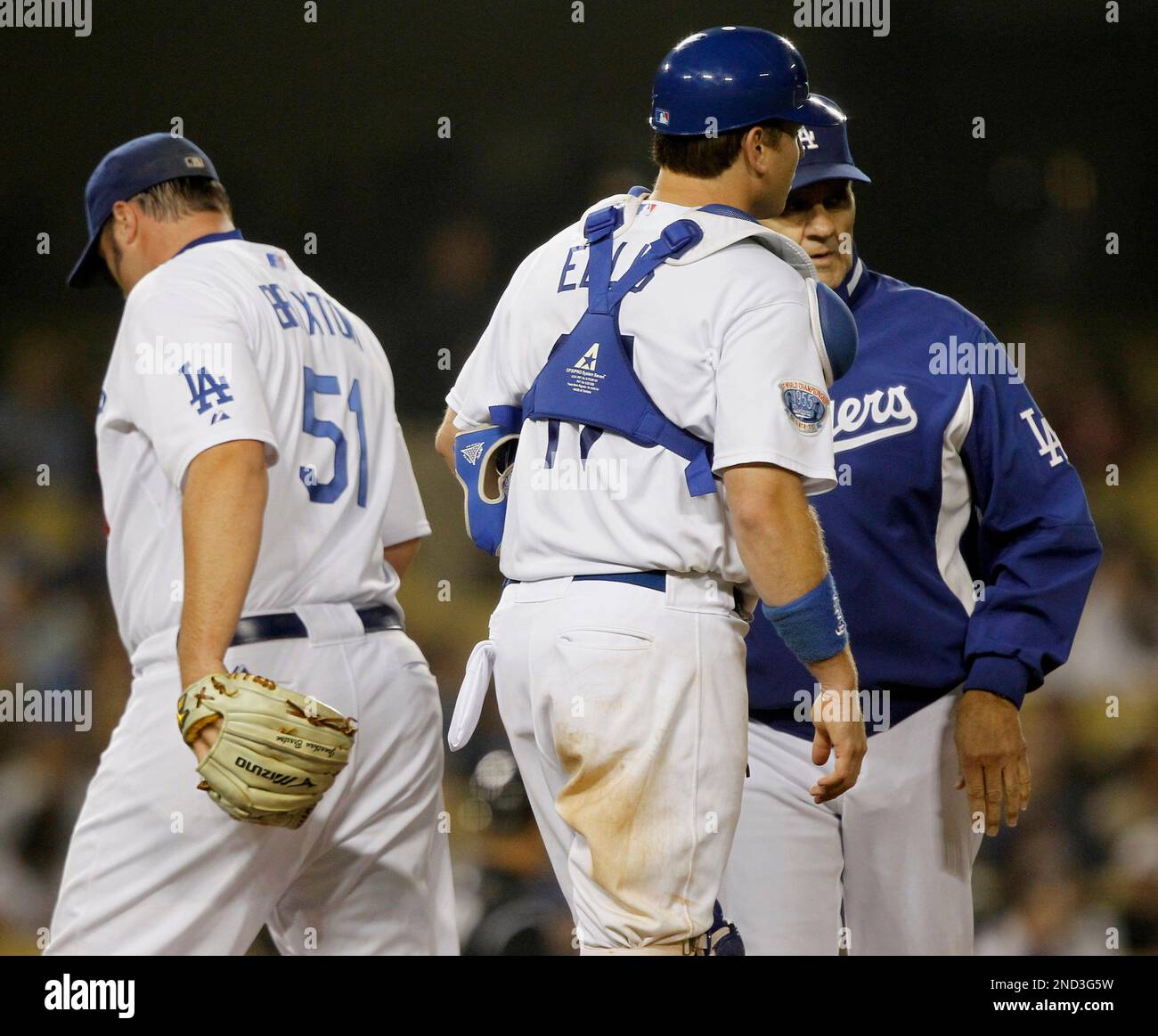 Los Angeles Dodgers relief pitcher Jonathan Broxton (51) exits the game ...