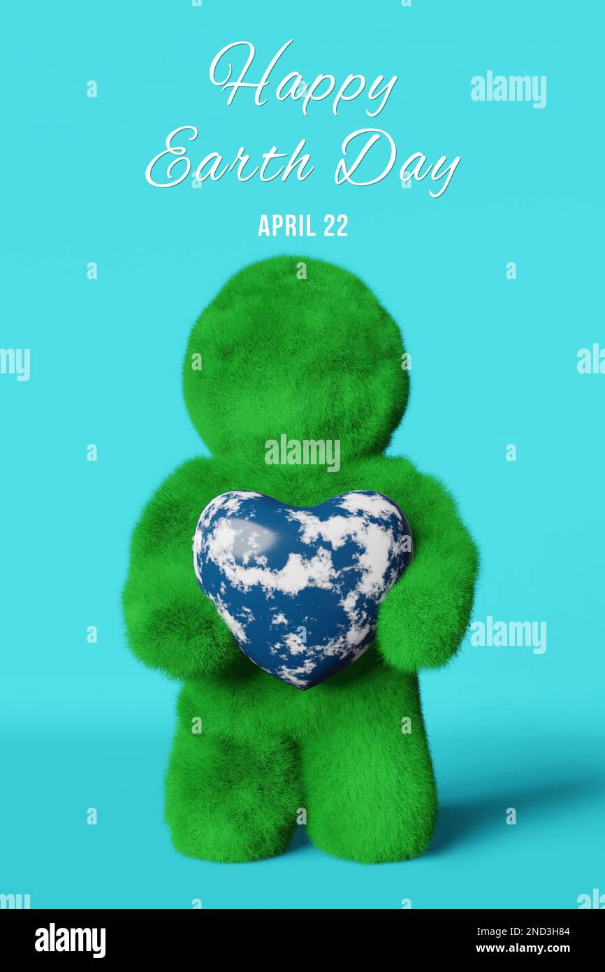 Happy Earth Day card April 22 Cute green grass Yeti with heart shape ...