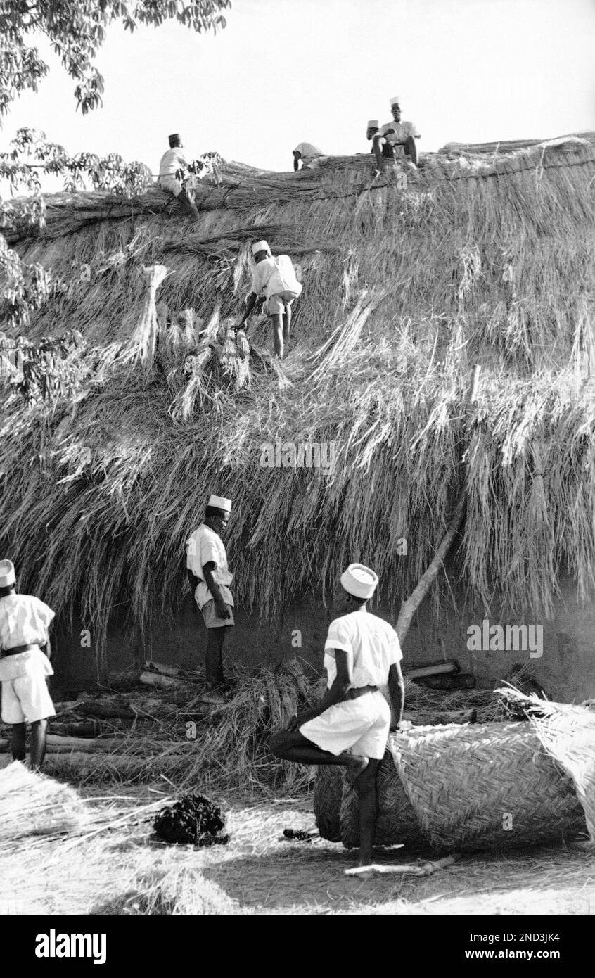 Soldiers rethatching the roof at the native military barracks of Fort ...