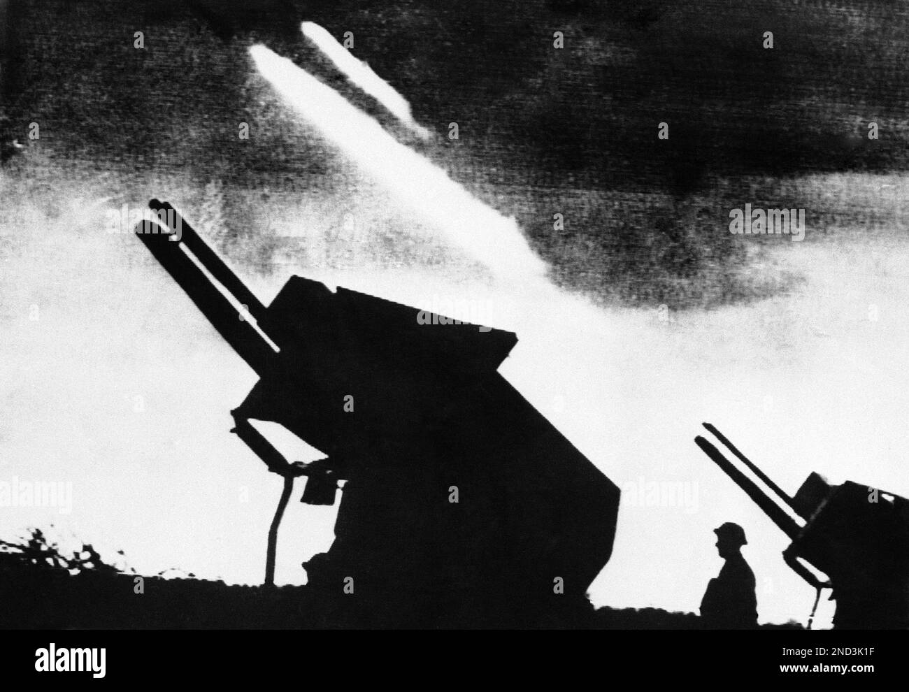 A view of rockets leaving a spectacular path as the big projectiles are ...