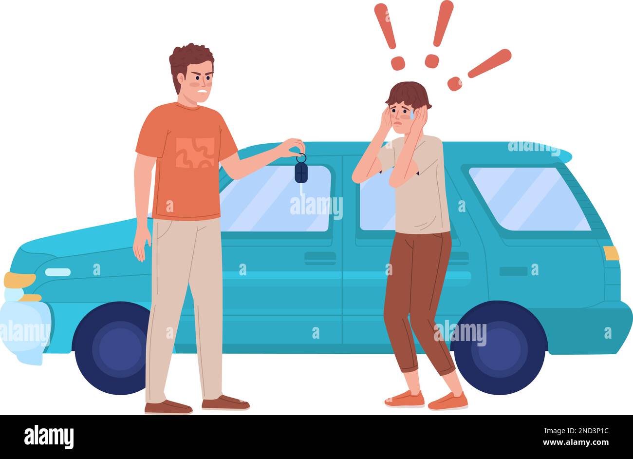 Irritated father wanting son to study driving car semi flat color ...