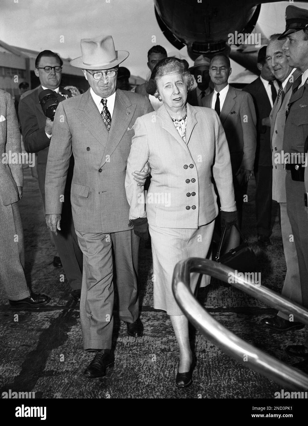 Mrs. Bess Truman sees the President Harry Truman off to the pacific for ...