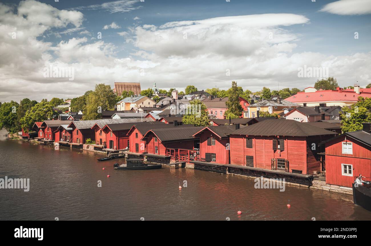 Porvoo old town on a sunny day, Finland. Traditional red wooden Finnish ...