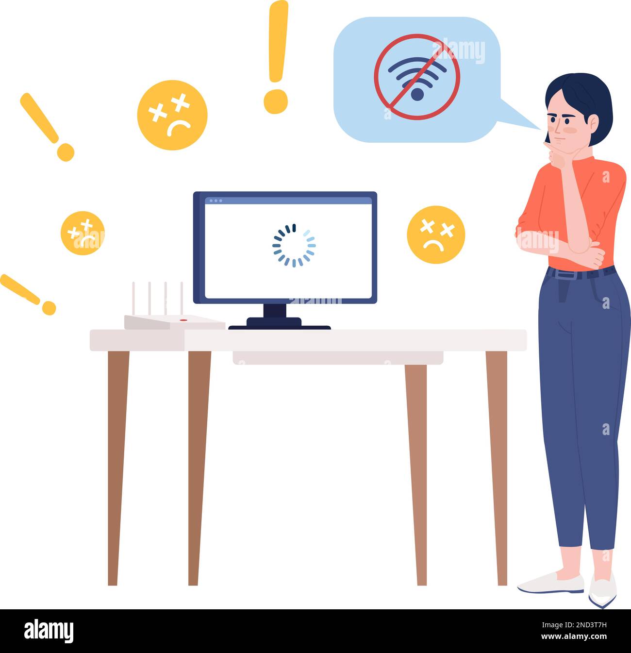 Woman confusing about bad internet connection semi flat color vector ...