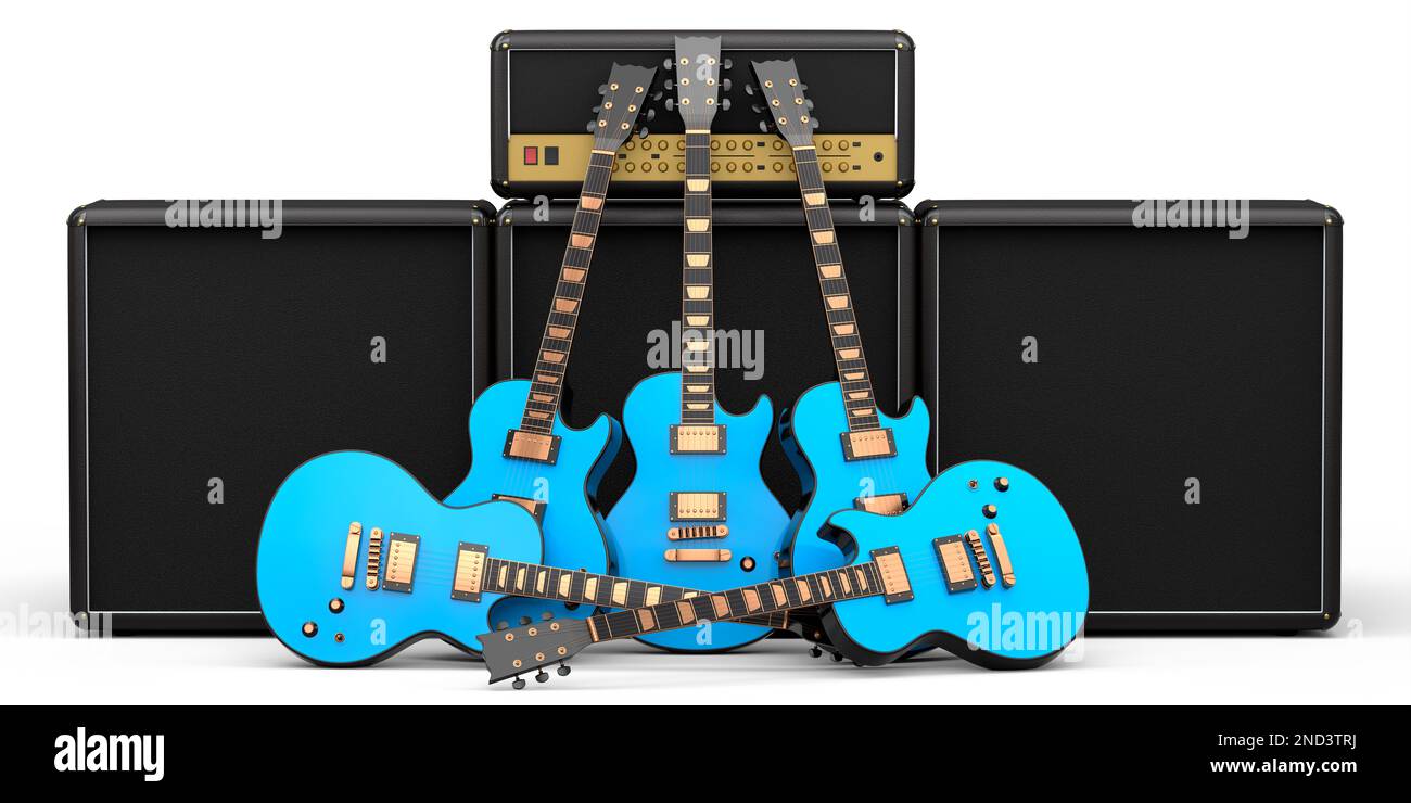 Set of electric acoustic guitar and amplifier on white background. 3d ...