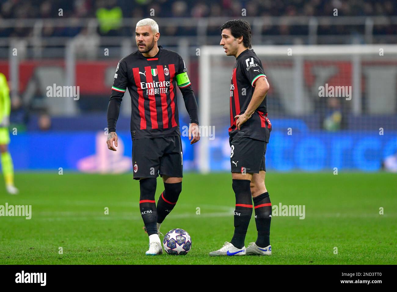 Milano, Italy. 14th Feb, 2023. Theo Hernandez (19) and Sandro Tonali (8 ...