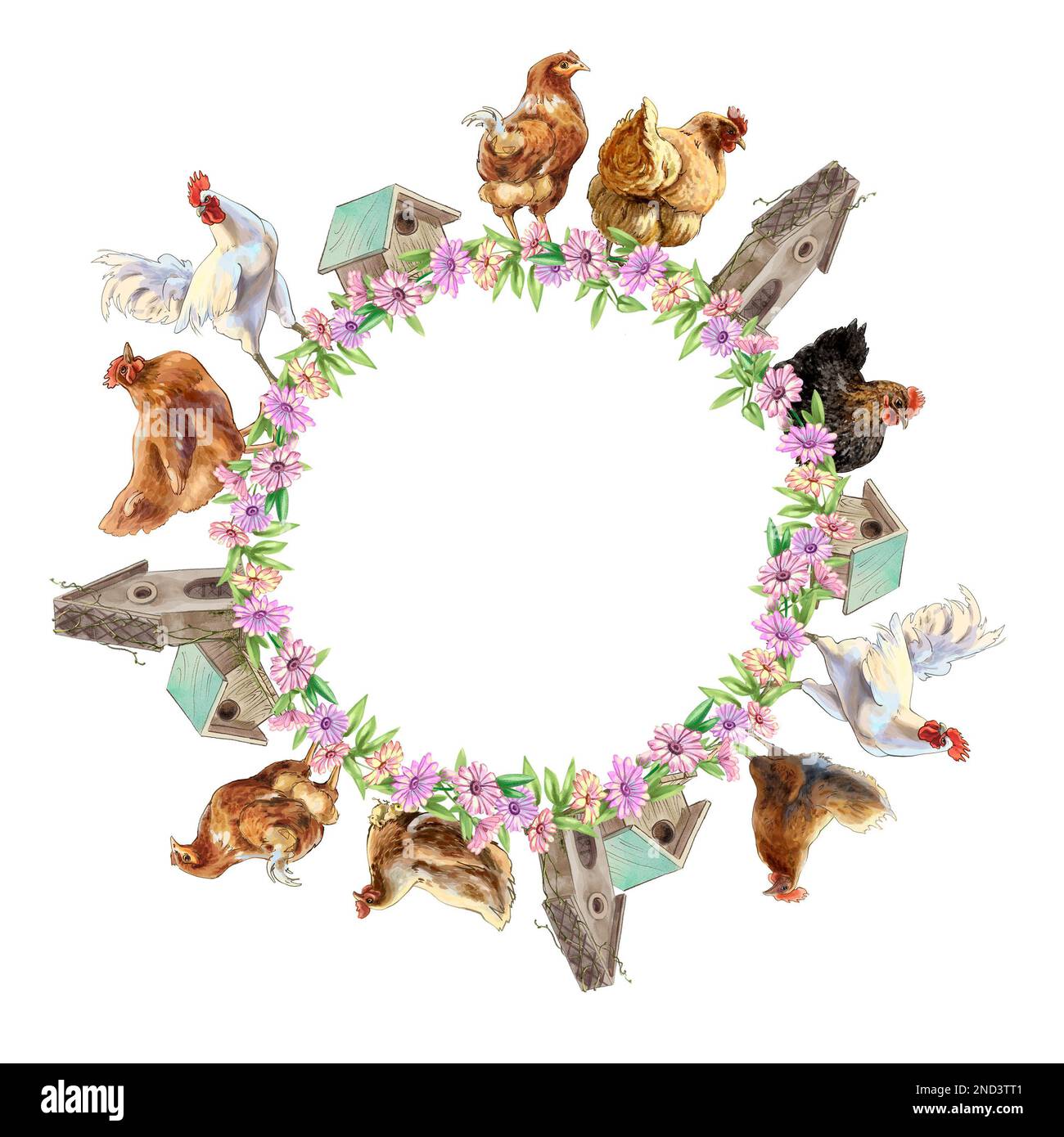 Illustration of chickens with a circle of flowers. High quality ...