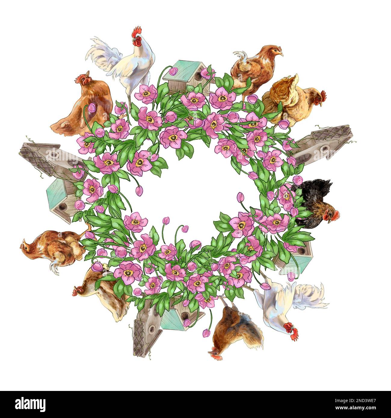 Illustration of chickens with a circle of flowers. High quality ...