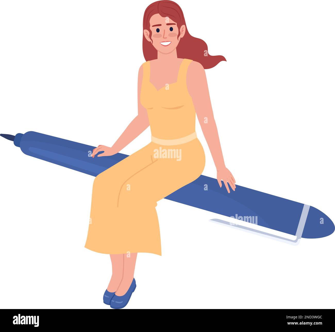 Happy female teacher flying on pen flat concept vector illustration ...