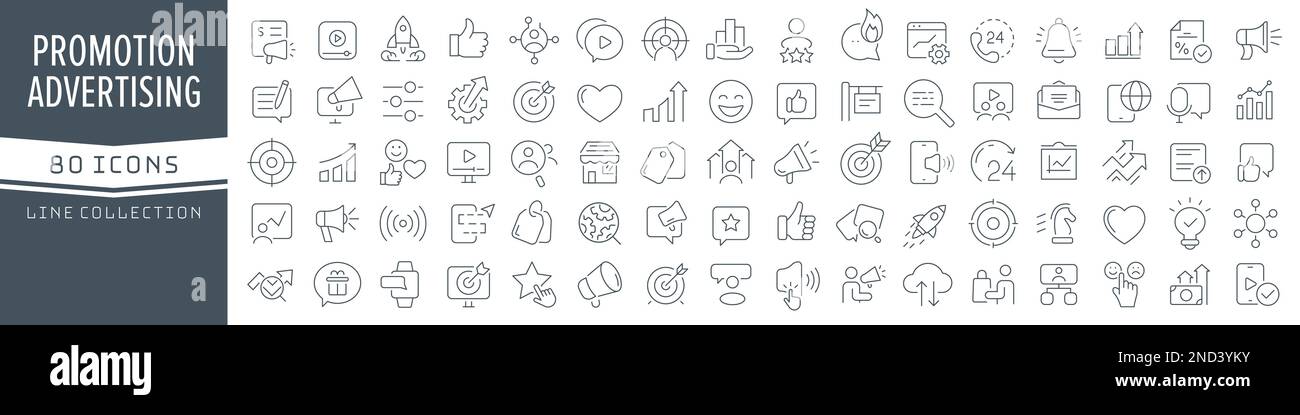 Promotion and advertising line icons collection. Big UI icon set in a flat design. Thin outline ...