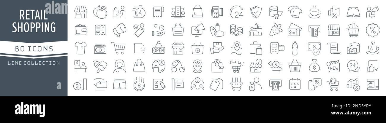 Retail and shopping line icons collection. Big UI icon set in a flat ...