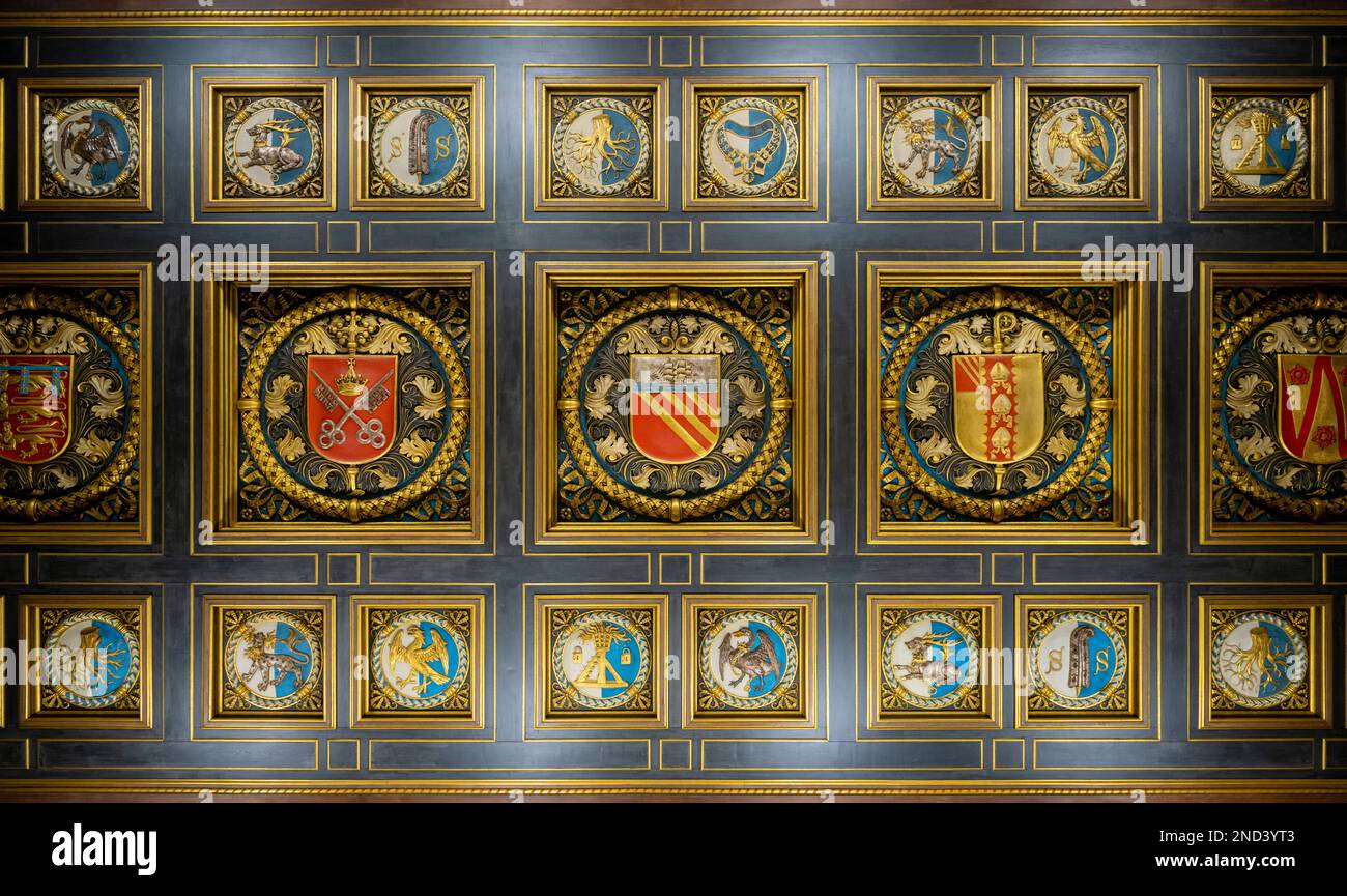Ornate coffered ceiling in the Shakespeare Hall of Manchester Central ...