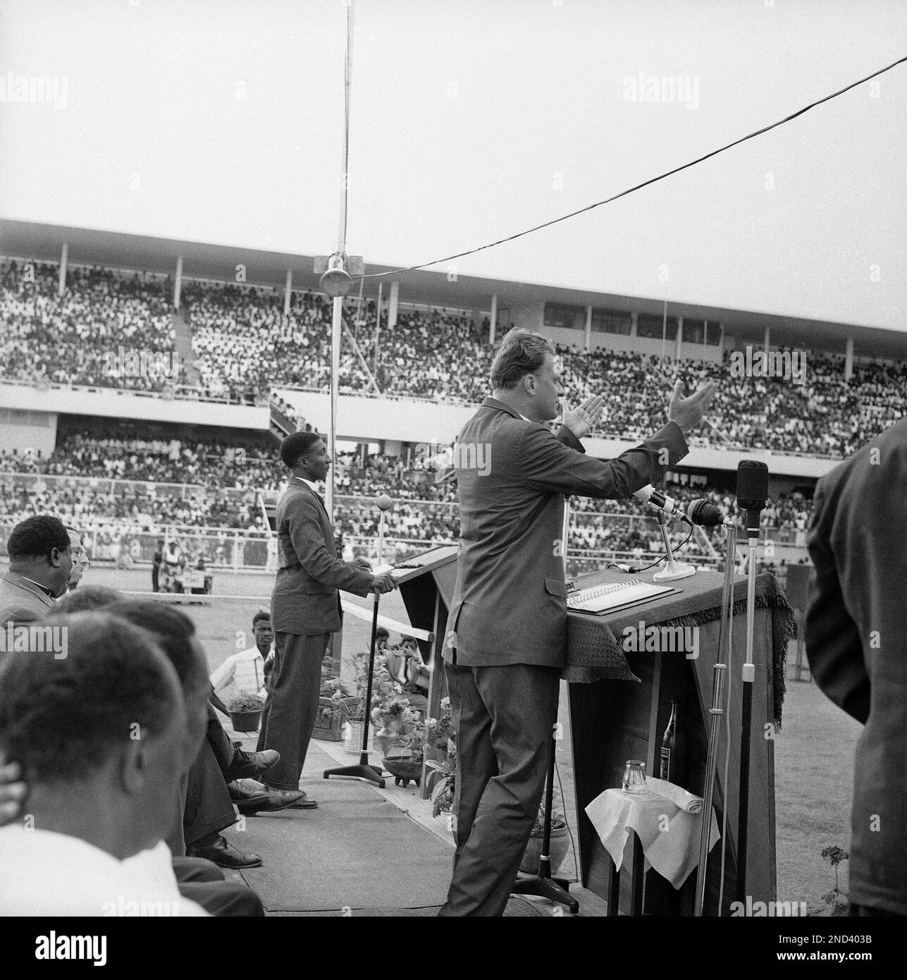 Evangelist Billy Graham at his first meeting at the Sports Stadium in ...