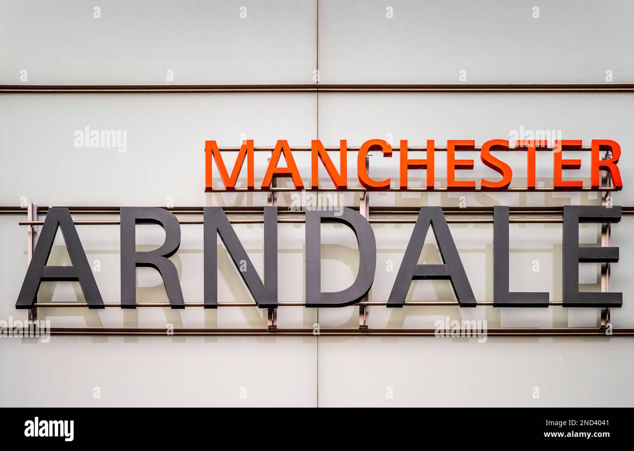 Closeup of wall sign outside Manchester Arndale shopping centre ...