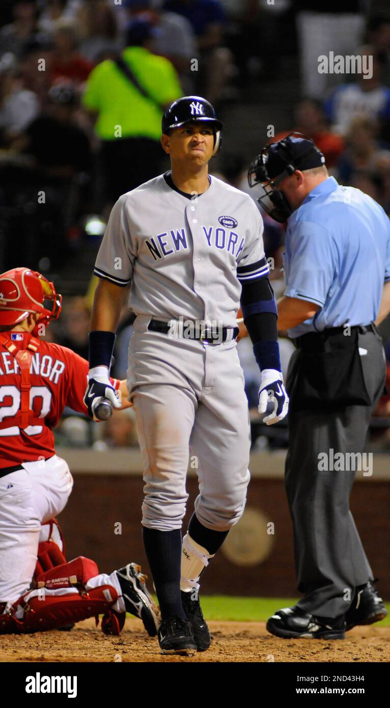 The New York Yankees' Alex Rodriguez reacts to striking out during the ...