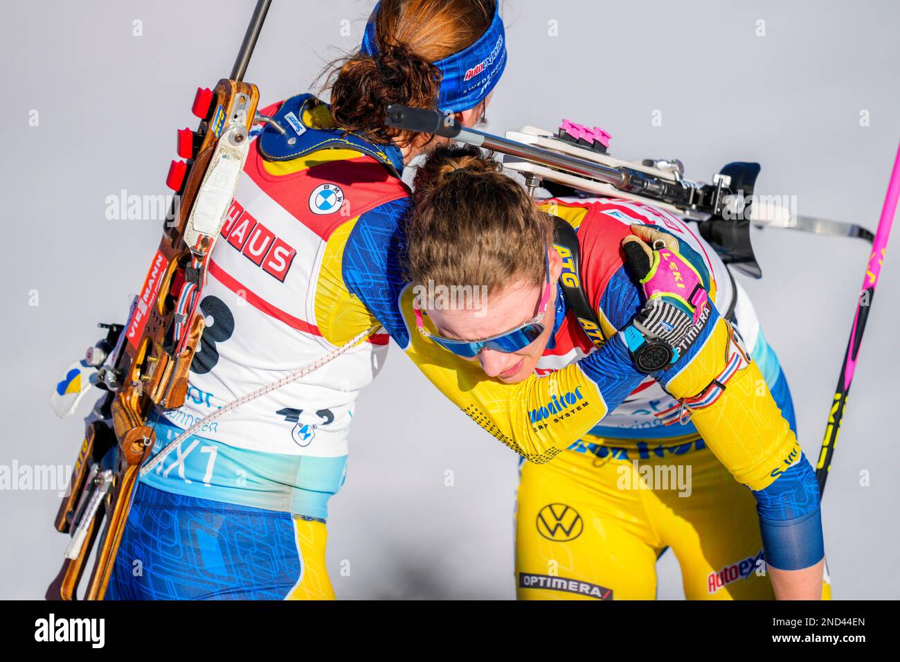 Oberhof, Germany 20230215.Linn Persson from Sweden (left) greets ...