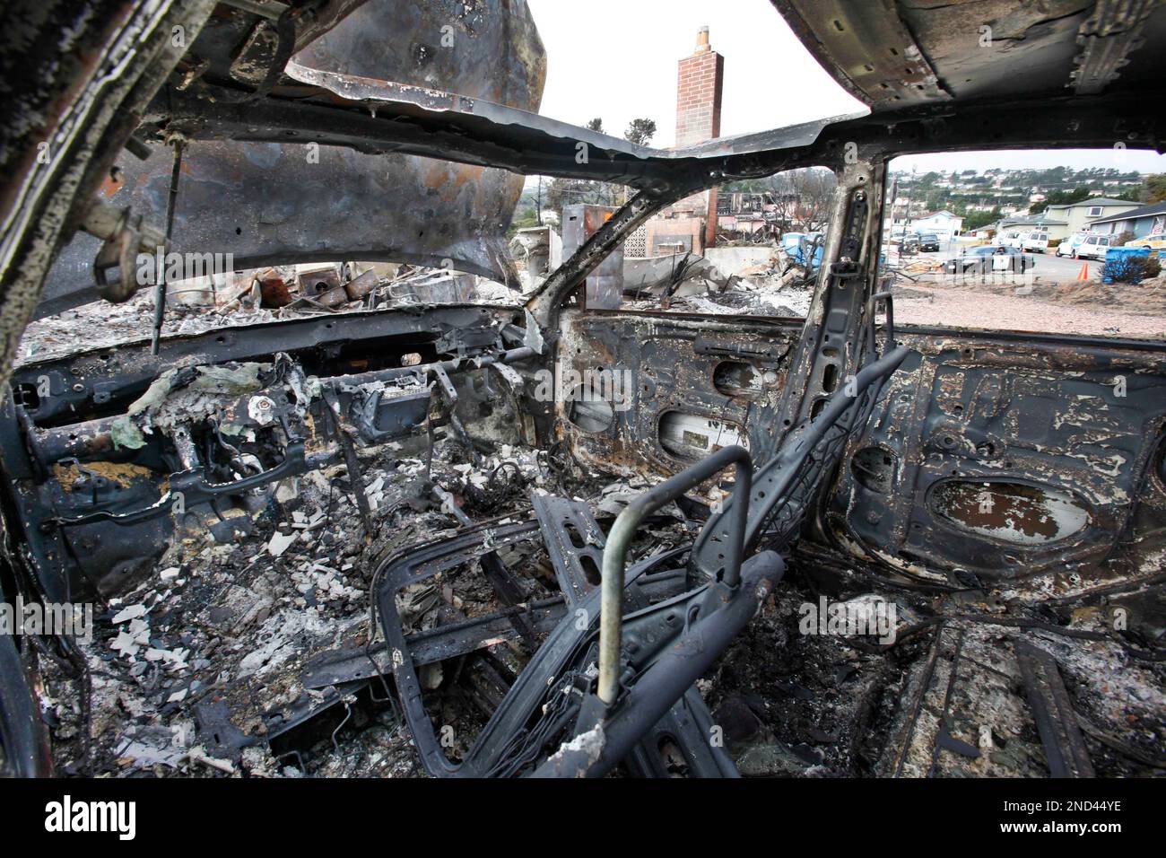 The interior of a destroyed car is shown in San Bruno, Calif., Tuesday ...