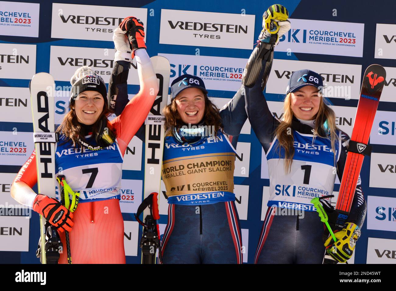 France. 15th Feb, 2023. The podium after the Women's Parallel ski race ...