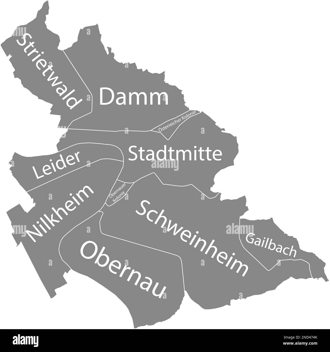 Dark gray tagged boroughs map of ASCHAFFENBURG, GERMANY Stock Vector ...