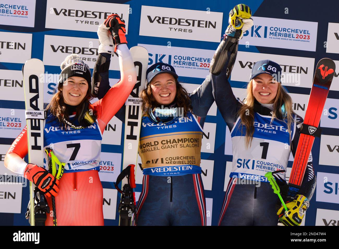 France. 15th Feb, 2023. The podium after the Women's Parallel ski race ...