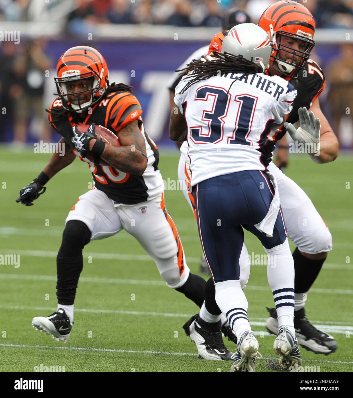 Cincinnati Bengals running back Bernard Scott (28) cuts through a hole ...