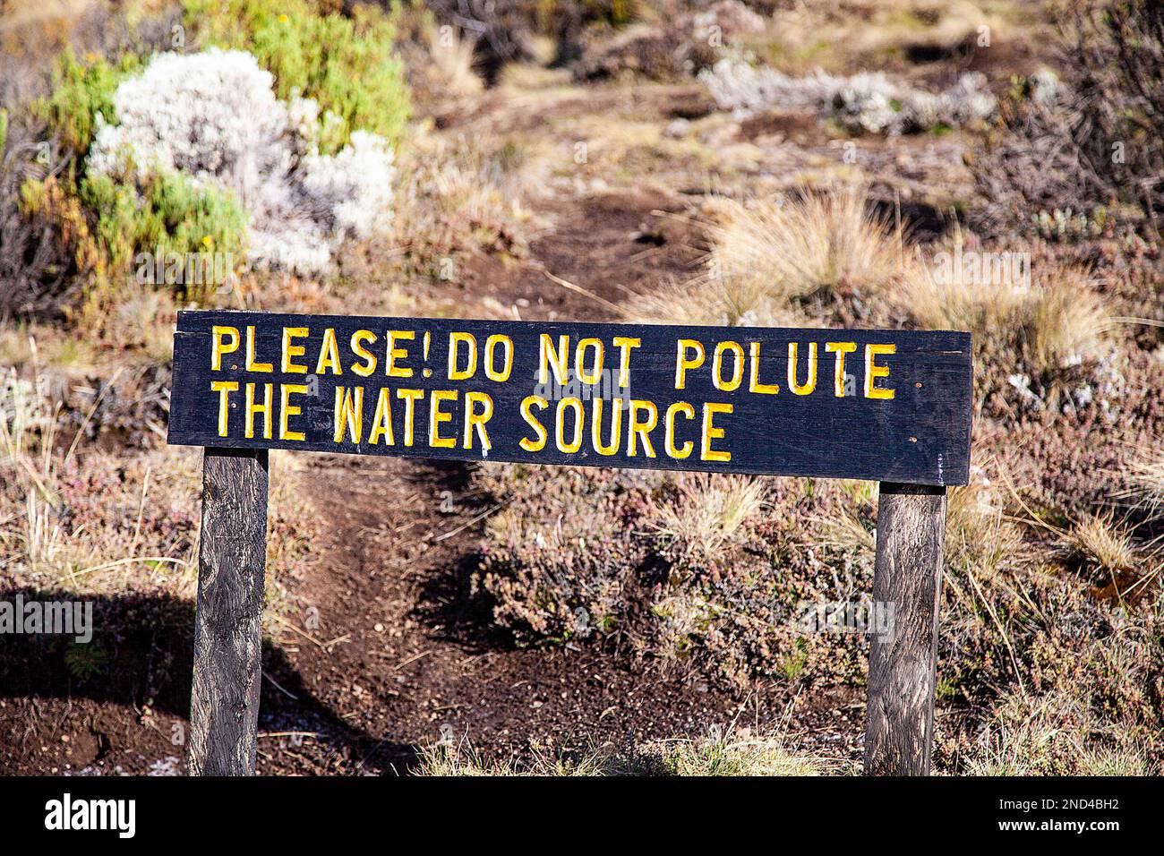 Wooden sign Please do not polute the nature source on the path in the ...