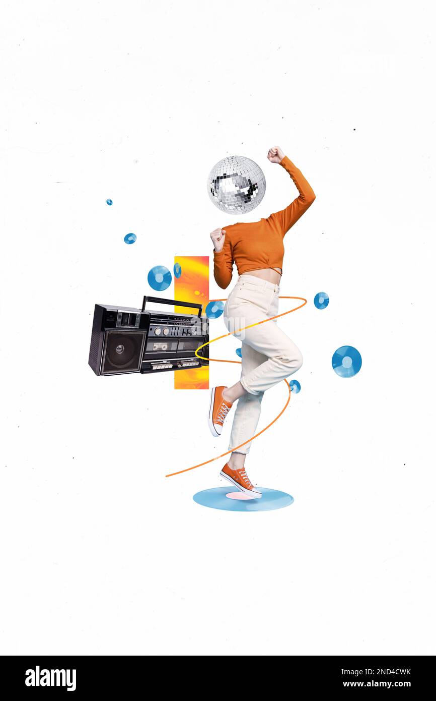 Vertical collage image of dancing girl disco ball instead head retro ...