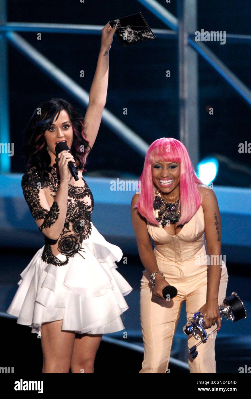 Katy Perry, left, and Nicki Minaj are seen on stage at the MTV Video ...