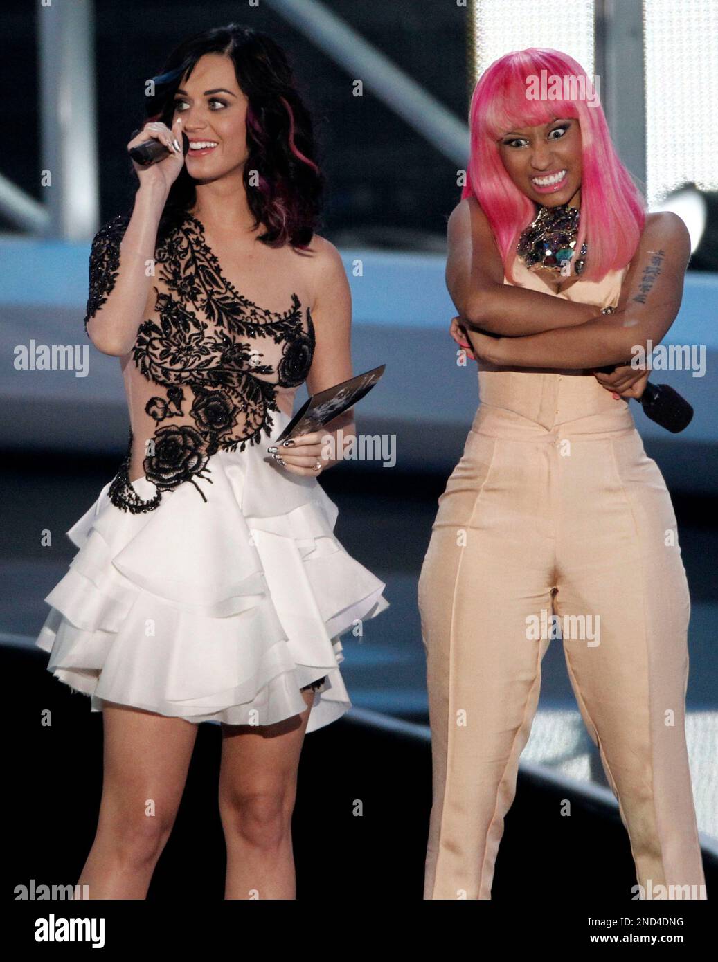 Katy Perry, left, and Nicki Minaj are seen on stage at the MTV Video ...